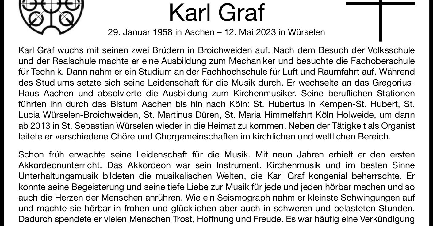 Trauer um Karl Graf | Pfarrei St. Sebastian Würselen
